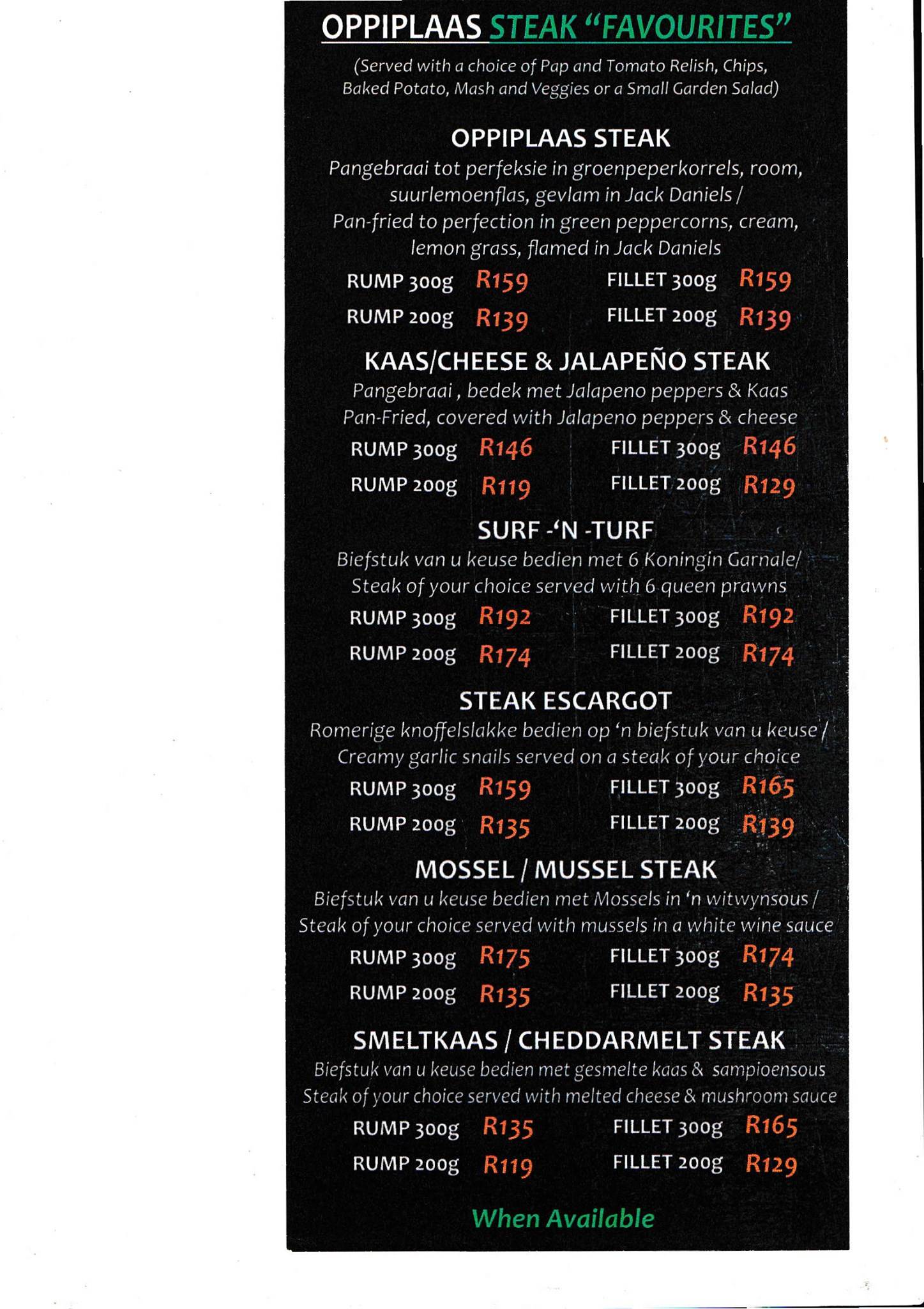 Menu at Oppiplaas restaurant, Pretoria