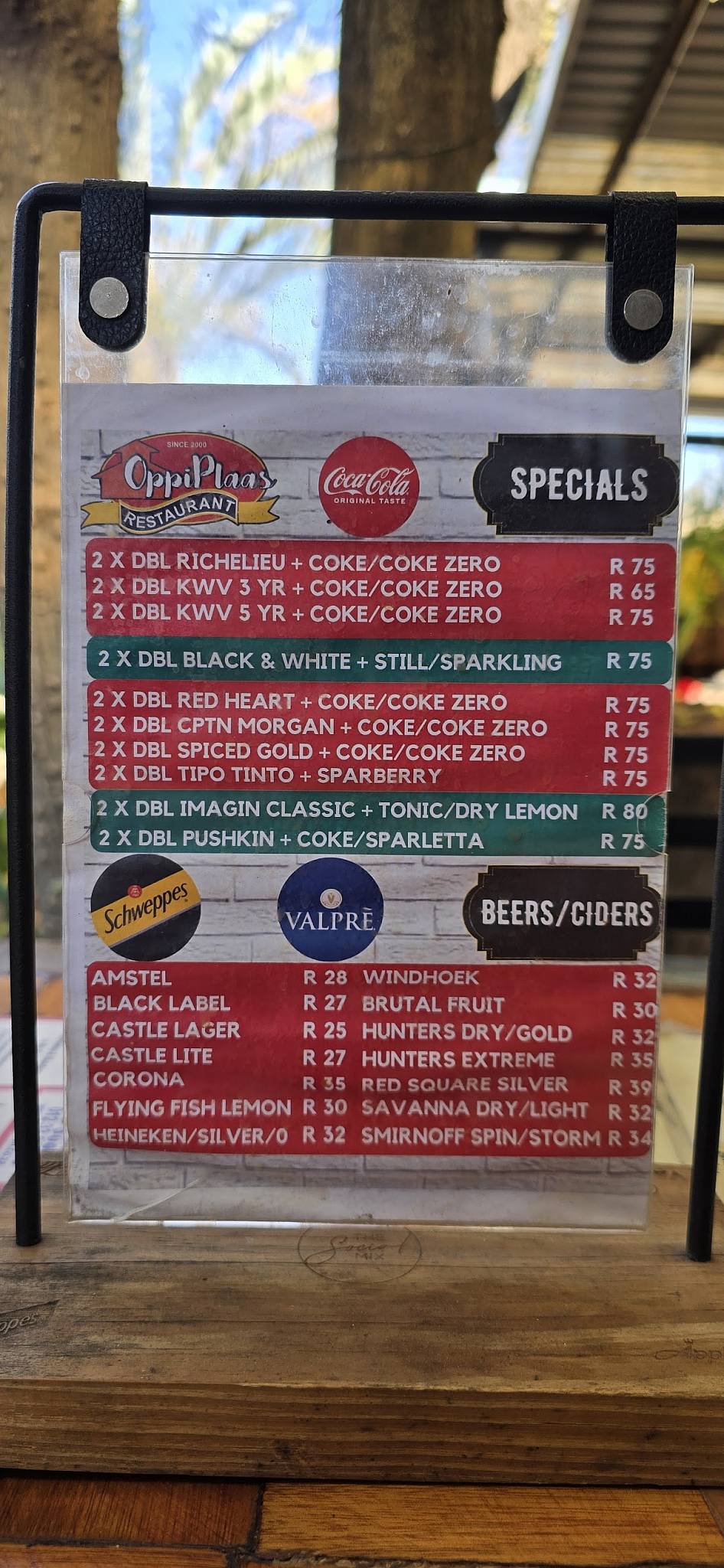 Menu at Oppiplaas restaurant, Pretoria