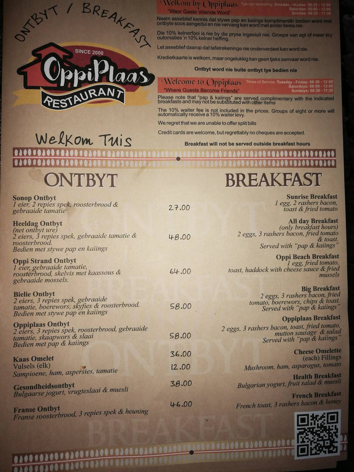 Menu at Oppiplaas restaurant, Pretoria