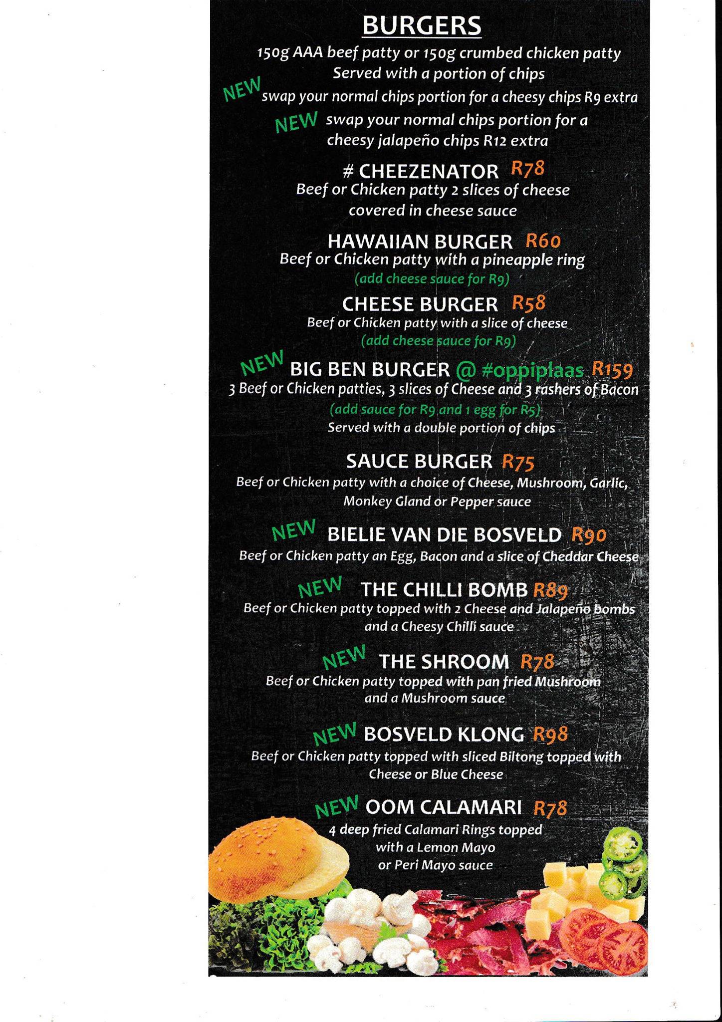Menu at Oppiplaas restaurant, Pretoria