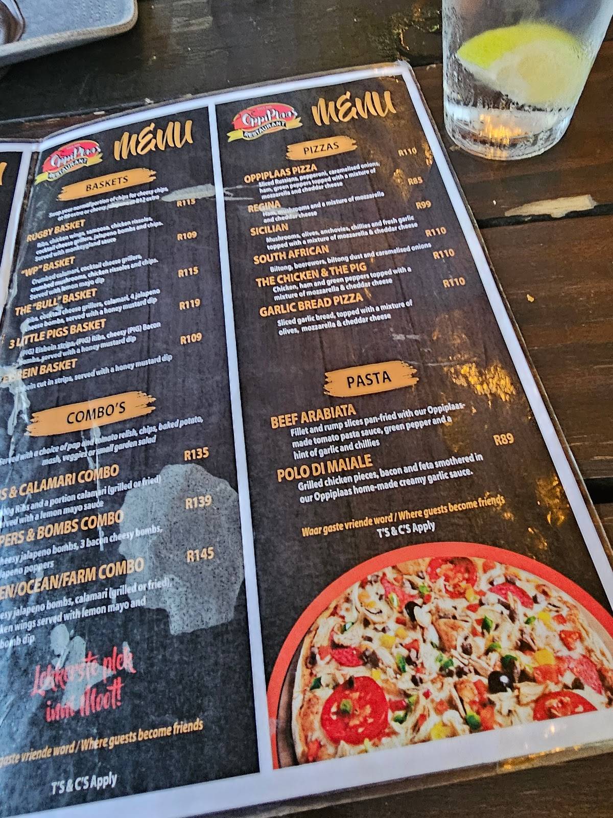 Menu at Oppiplaas restaurant, Pretoria