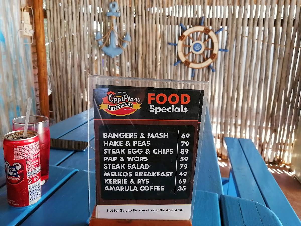 Menu at Oppiplaas restaurant, Pretoria