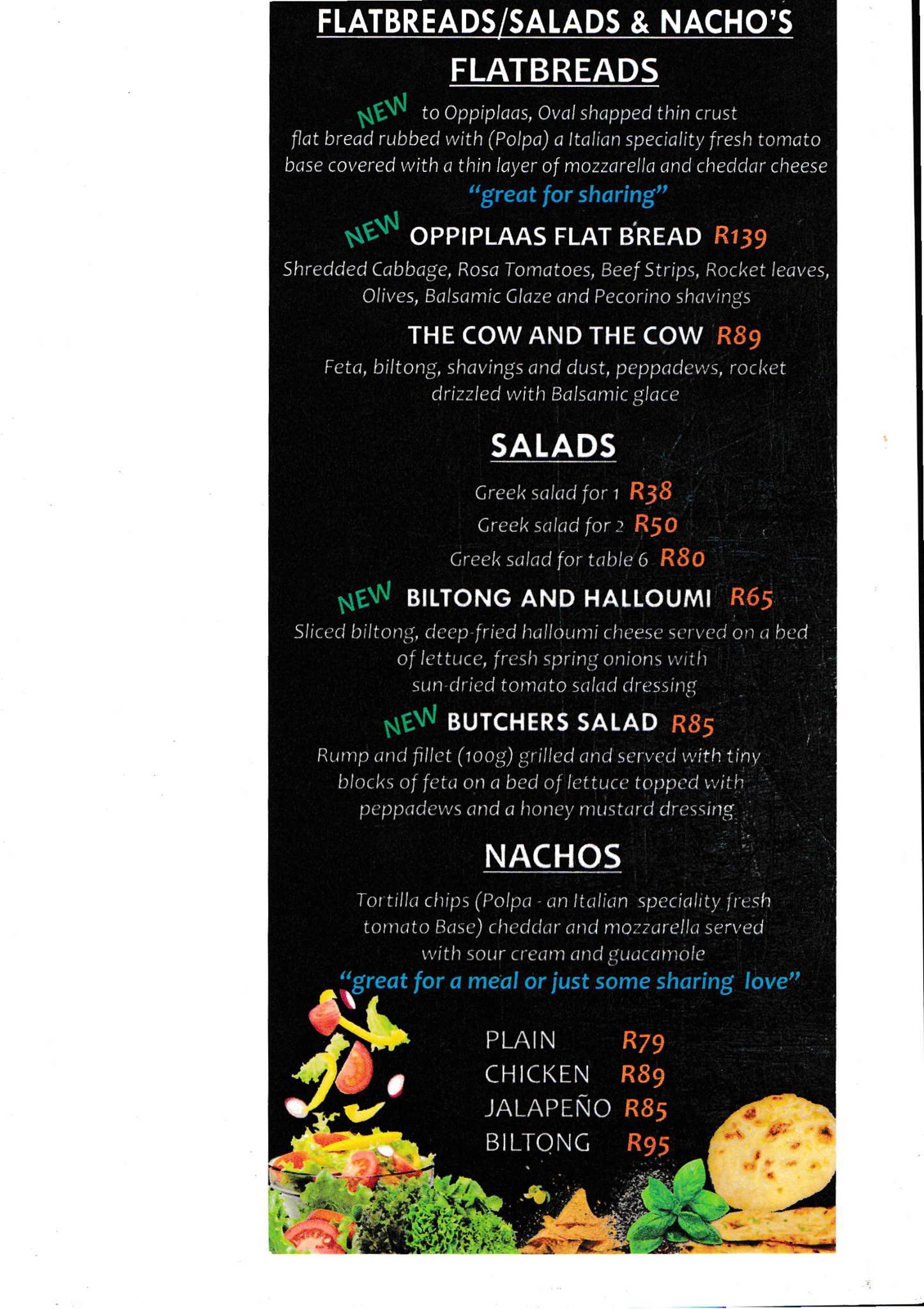 Menu at Oppiplaas restaurant, Pretoria