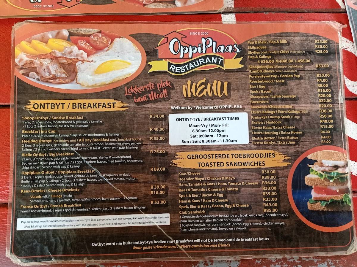 Menu at Oppiplaas restaurant, Pretoria
