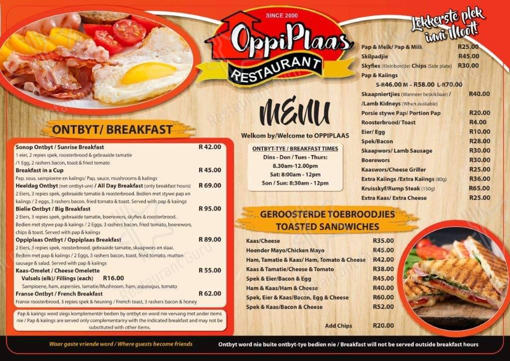 Menu at Oppiplaas restaurant, Pretoria