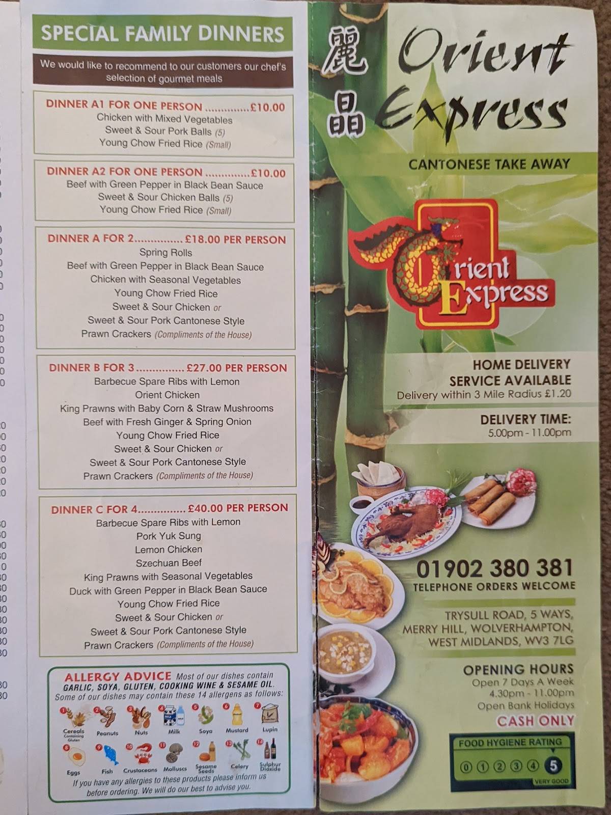 Menu at Orient Express Chinese restaurant, Wolverhampton