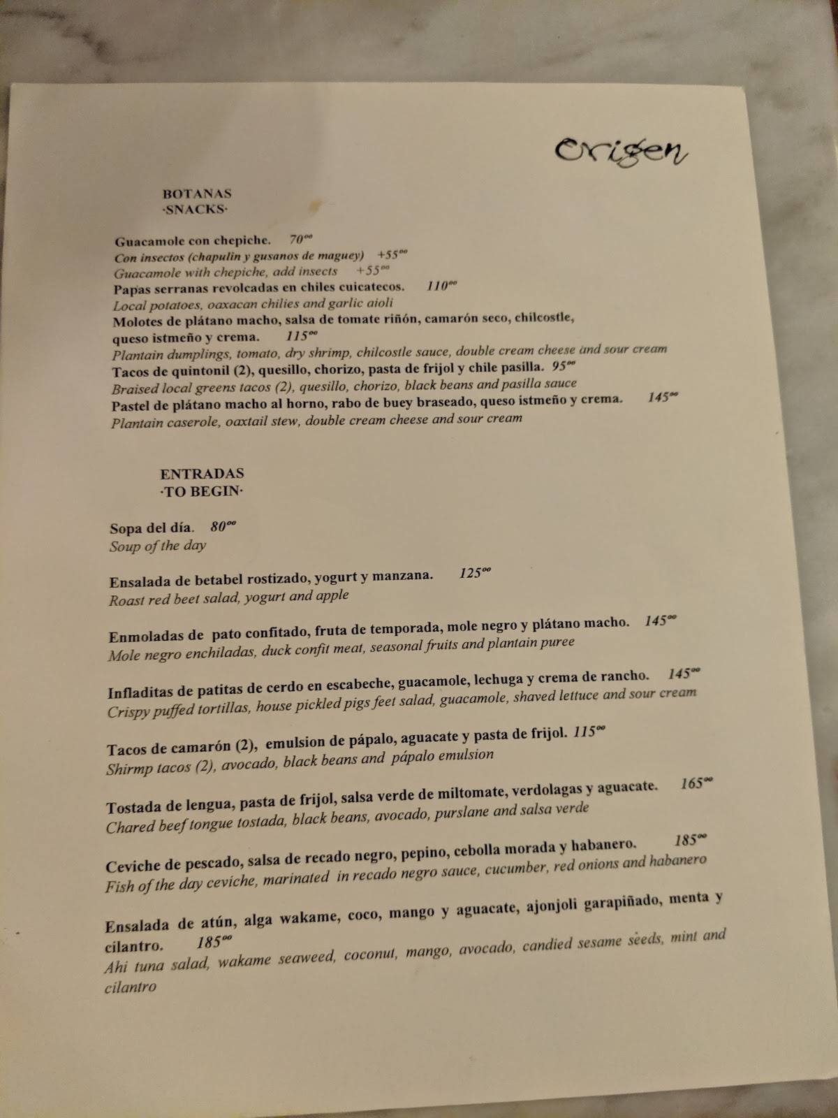 Menu at Origen restaurant, Oaxaca