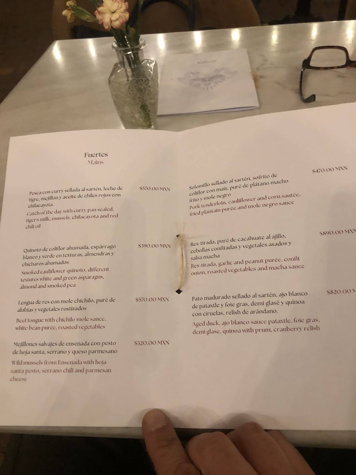 Menu at Origen restaurant, Oaxaca