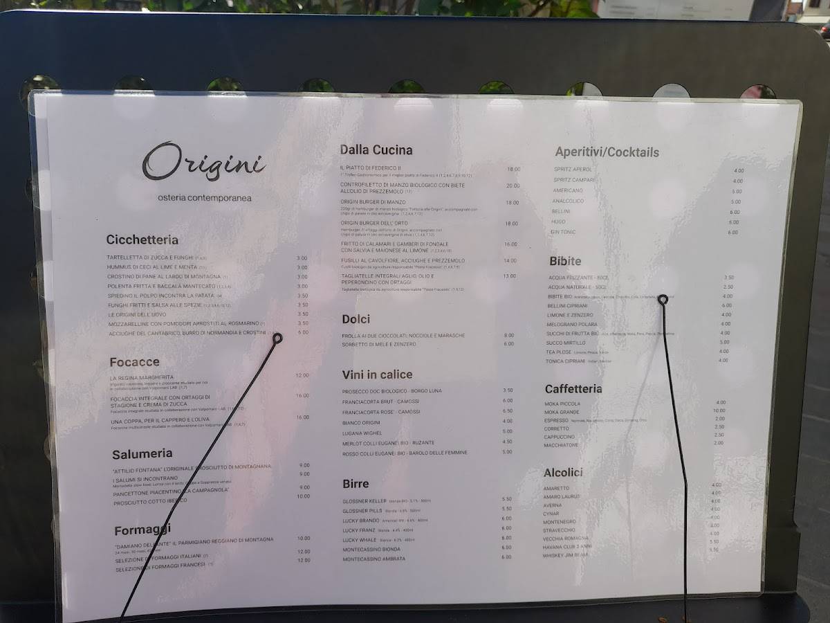 Speisekarte von Origini Osteria Contemporanea restaurant, Monselice