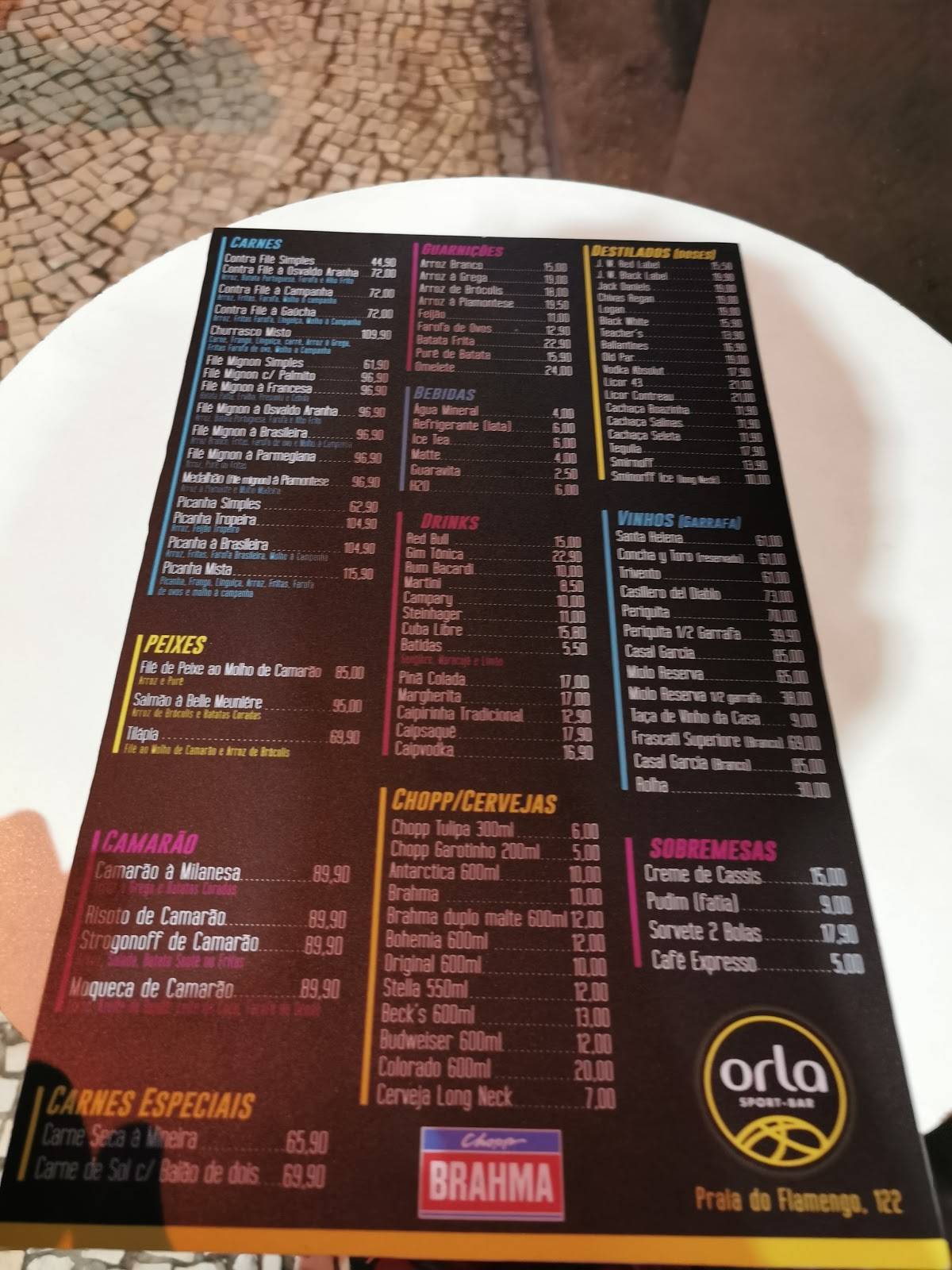 Menu at Orla Sport Bar, Rio de Janeiro