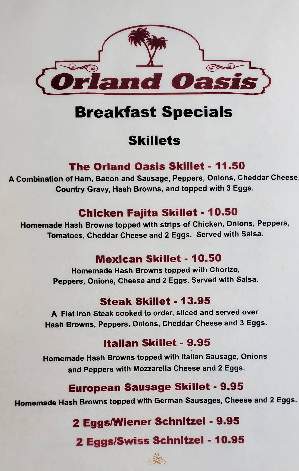 Menu at Orland Oasis restaurant, Orland Park, Union St