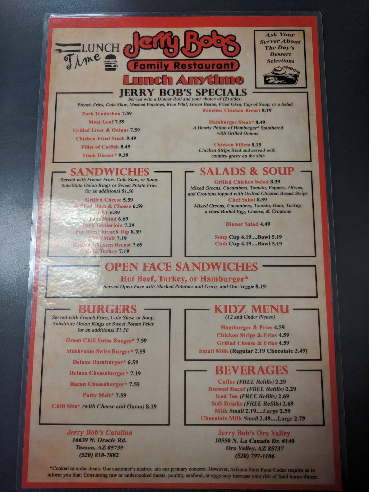 Menu at Jerry Bob's Family Restaurant, Oro Valley, N La Cañada Dr #140