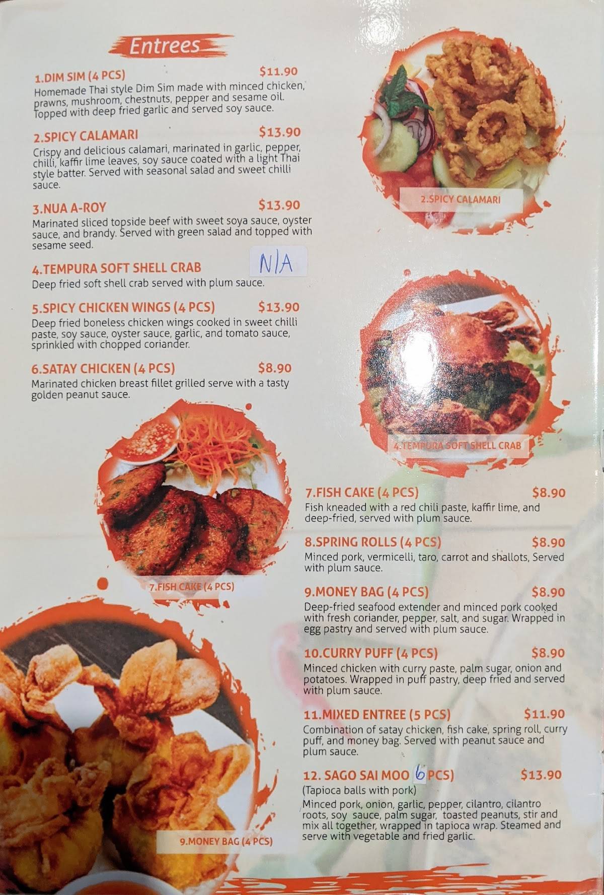 Menu at Orso Thai restaurant, Stanthorpe
