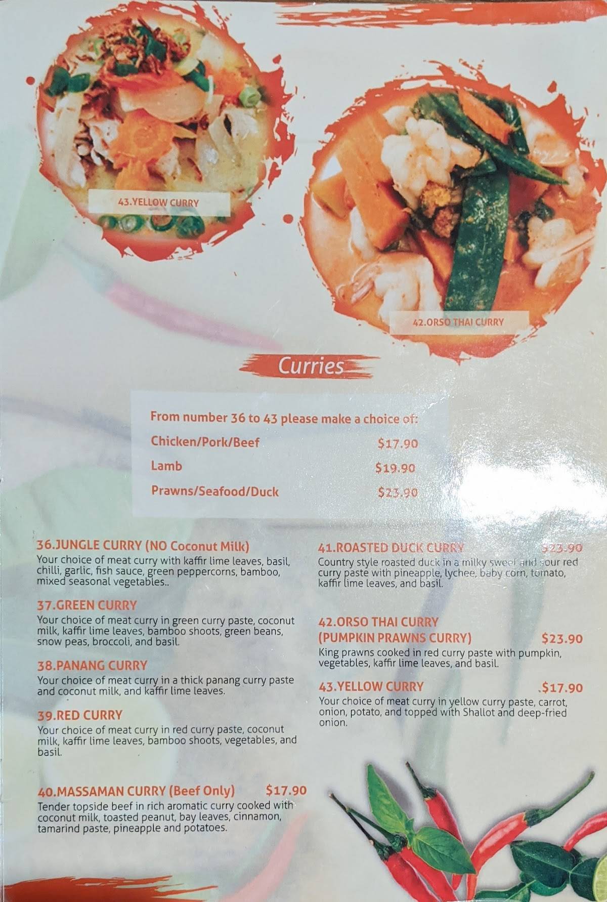 Menu at Orso Thai restaurant, Stanthorpe