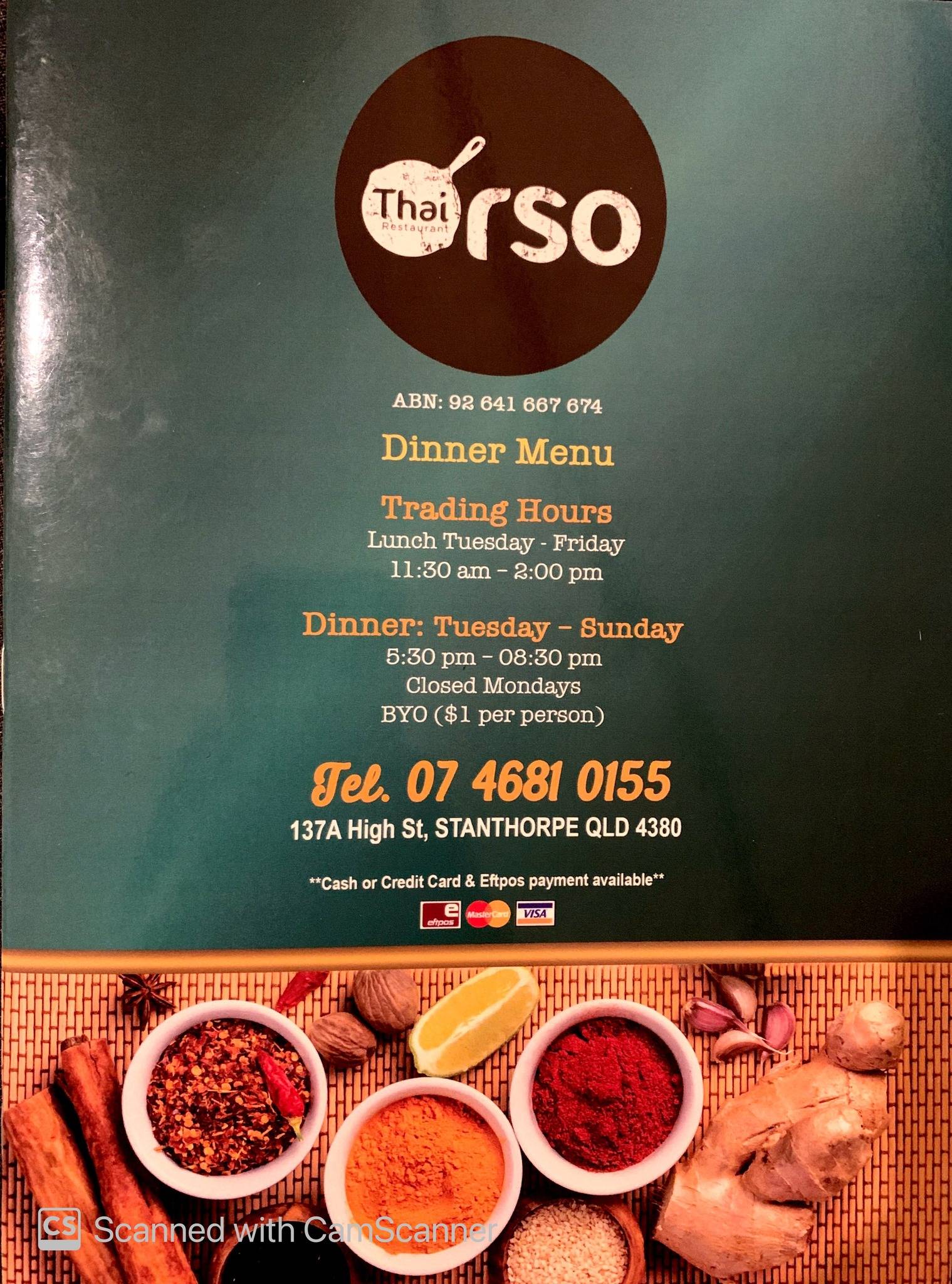 Menu at Orso Thai restaurant, Stanthorpe