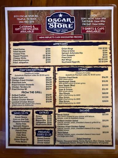 Menu at Oscar Store steakhouse, Temple, Oscar Spur