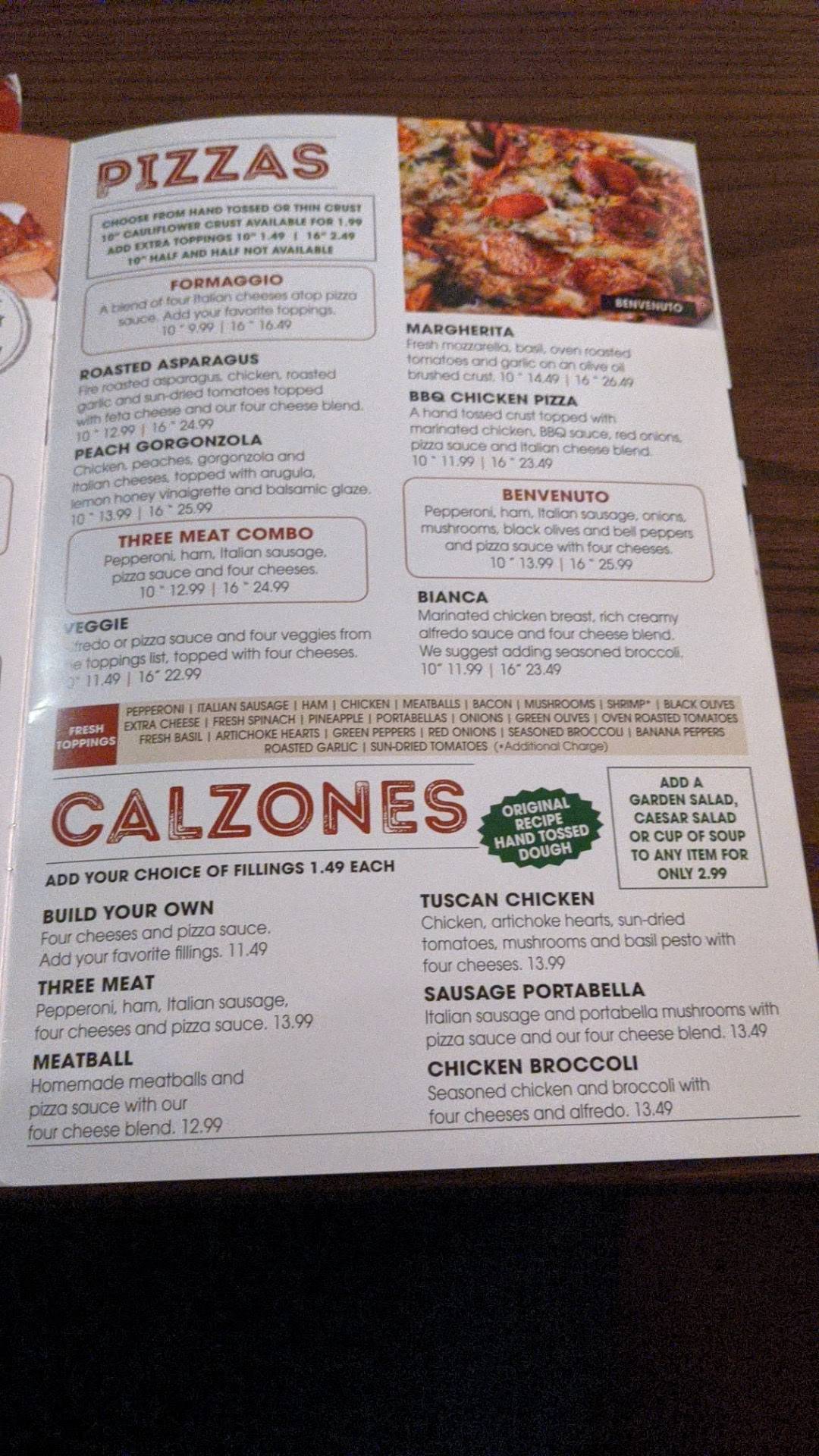 Menu at Benvenuto's Italian Grill restaurant, Oshkosh