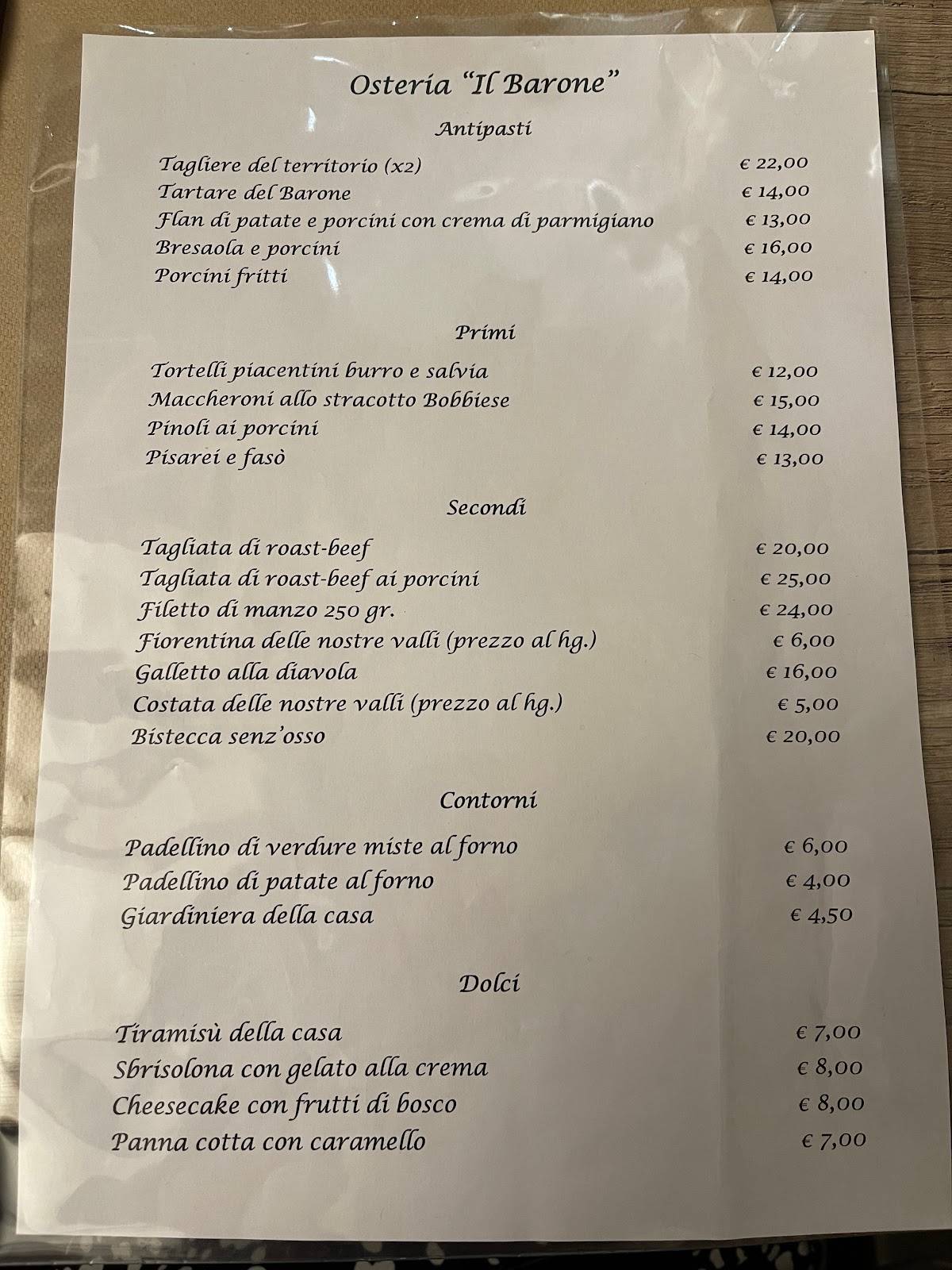 Menu da Osteria Braceria il Barone, Bobbio