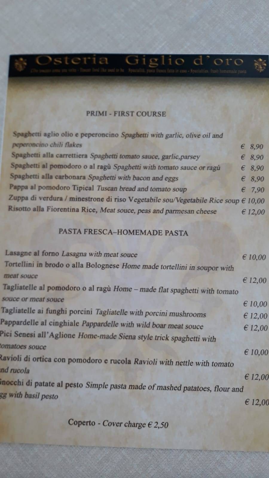 Menu at Osteria Giglio d'oro restaurant, Florence