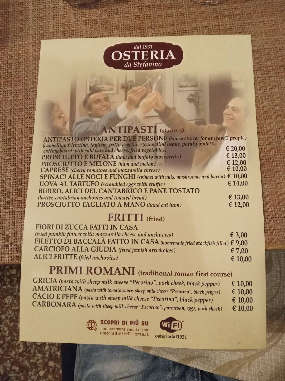 Menu at Osteria dal 1931 restaurant, Rome