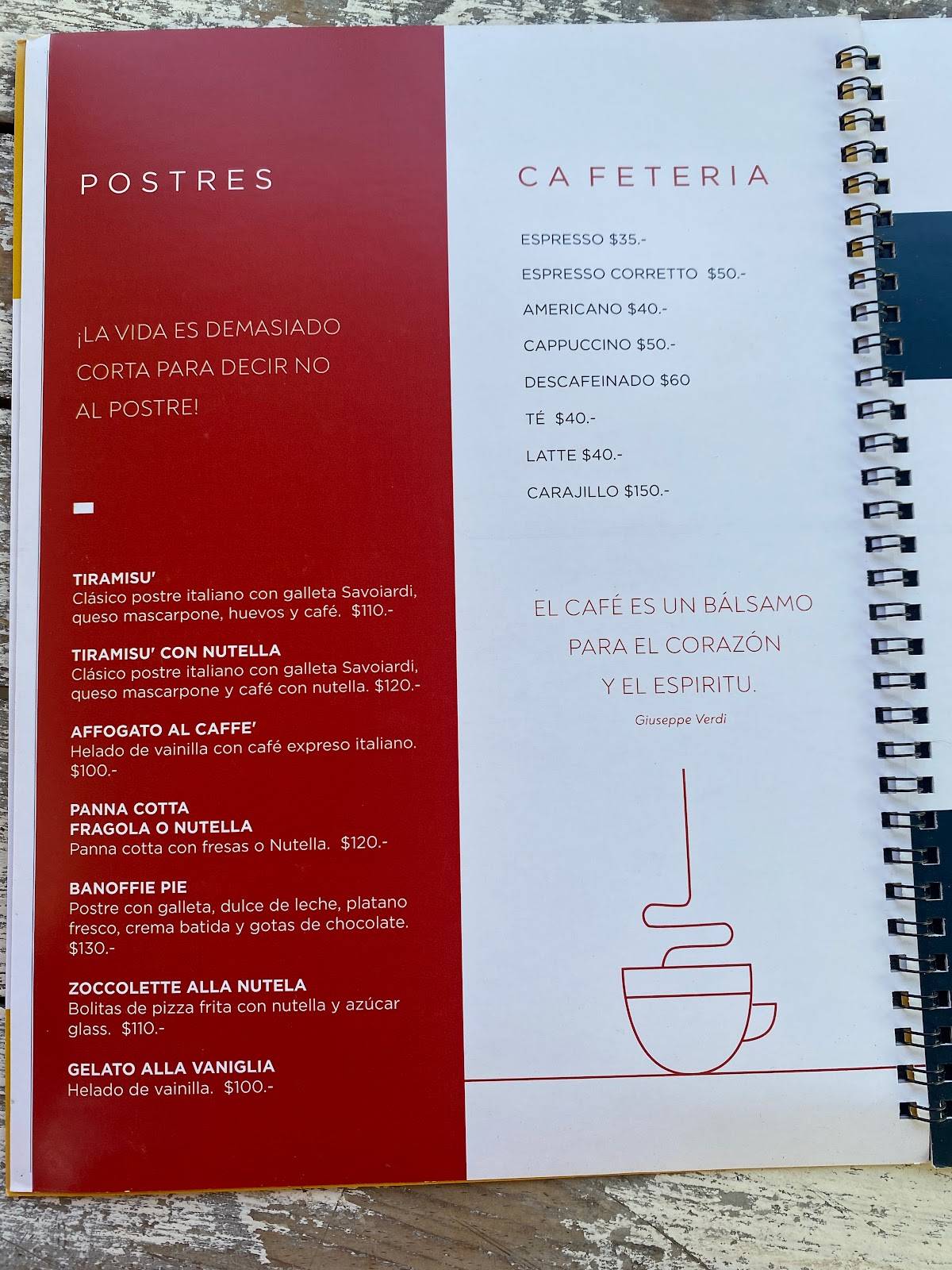 Menu at Osteria de Roma restaurant, Playa del Carmen
