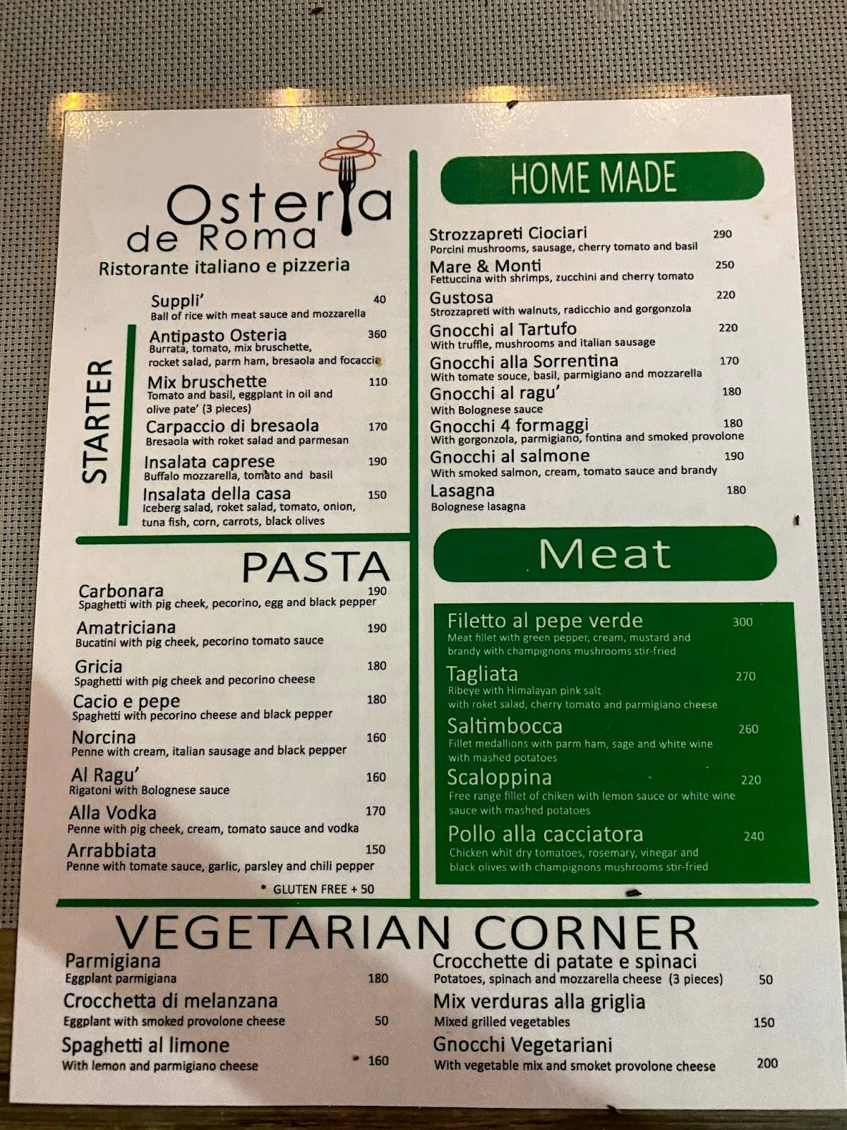 Menu at Osteria de Roma restaurant, Playa del Carmen