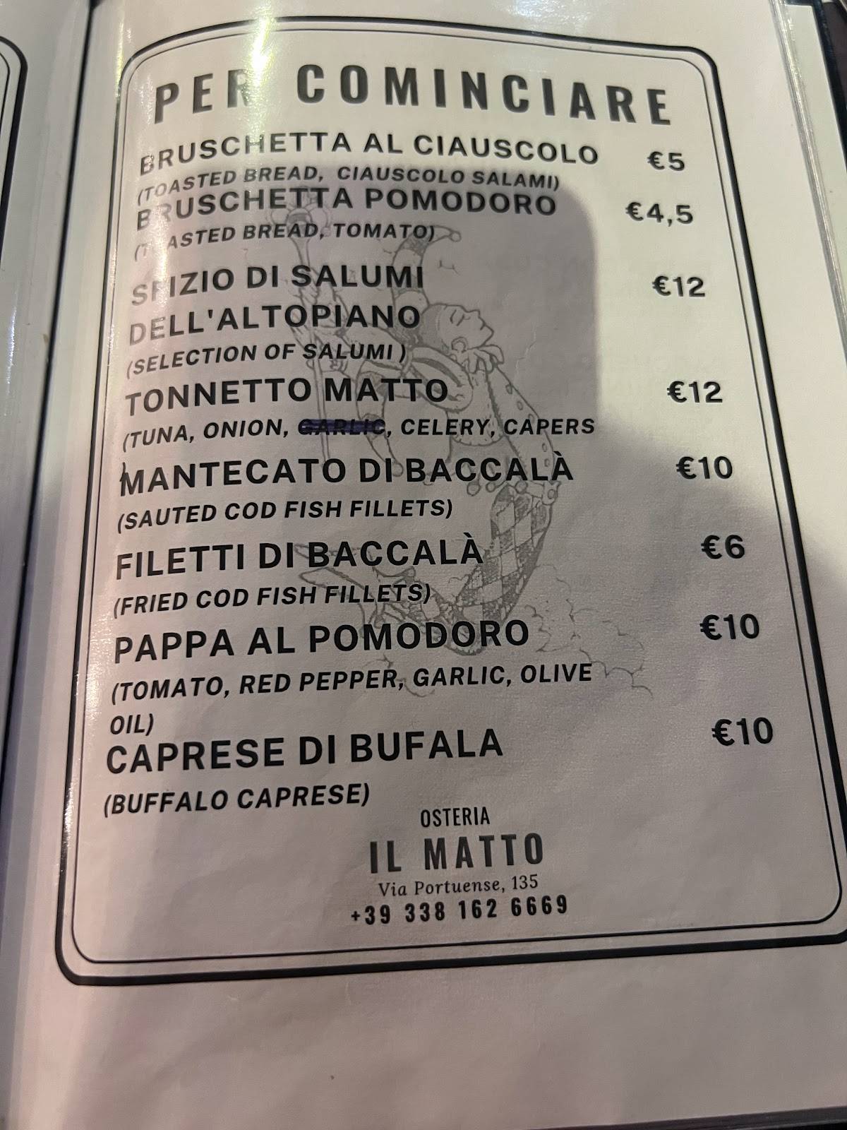 Menu au Osteria il matto restaurant, Rome