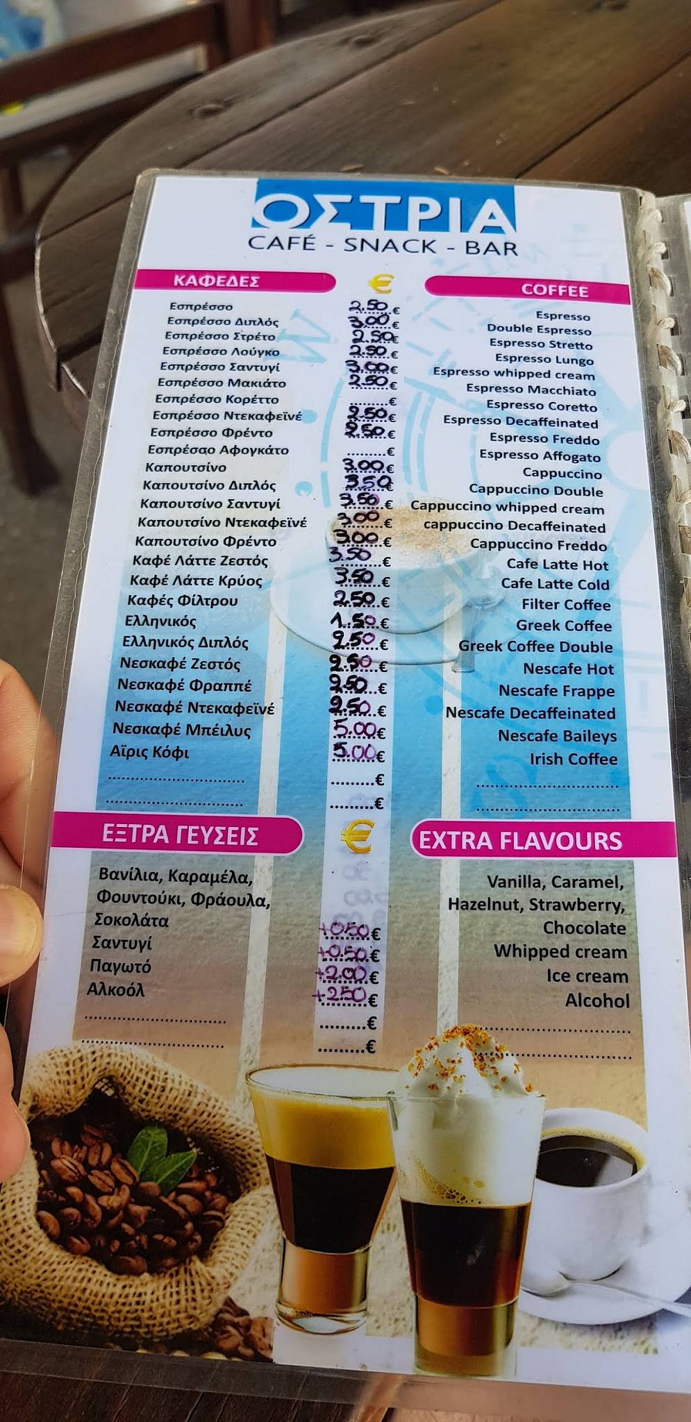Menu at Ostria, Milina
