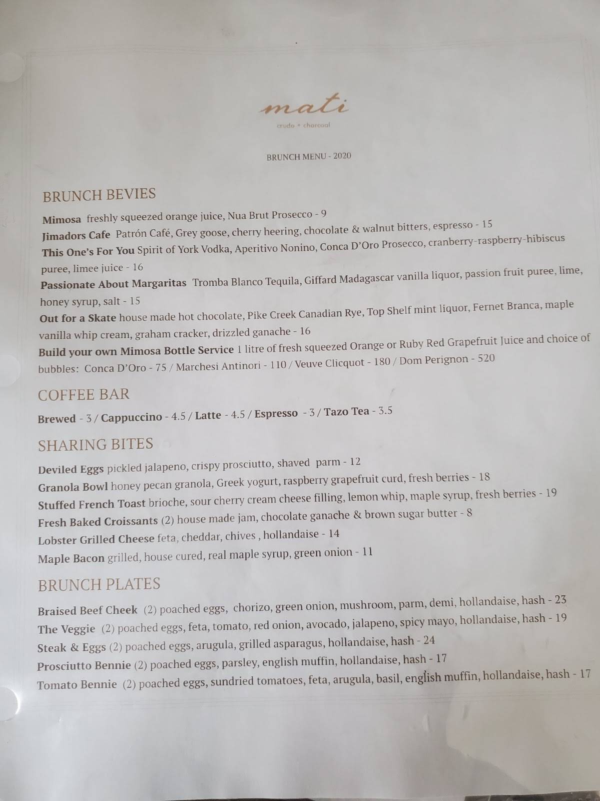 Menu at Mati restaurant, Ottawa