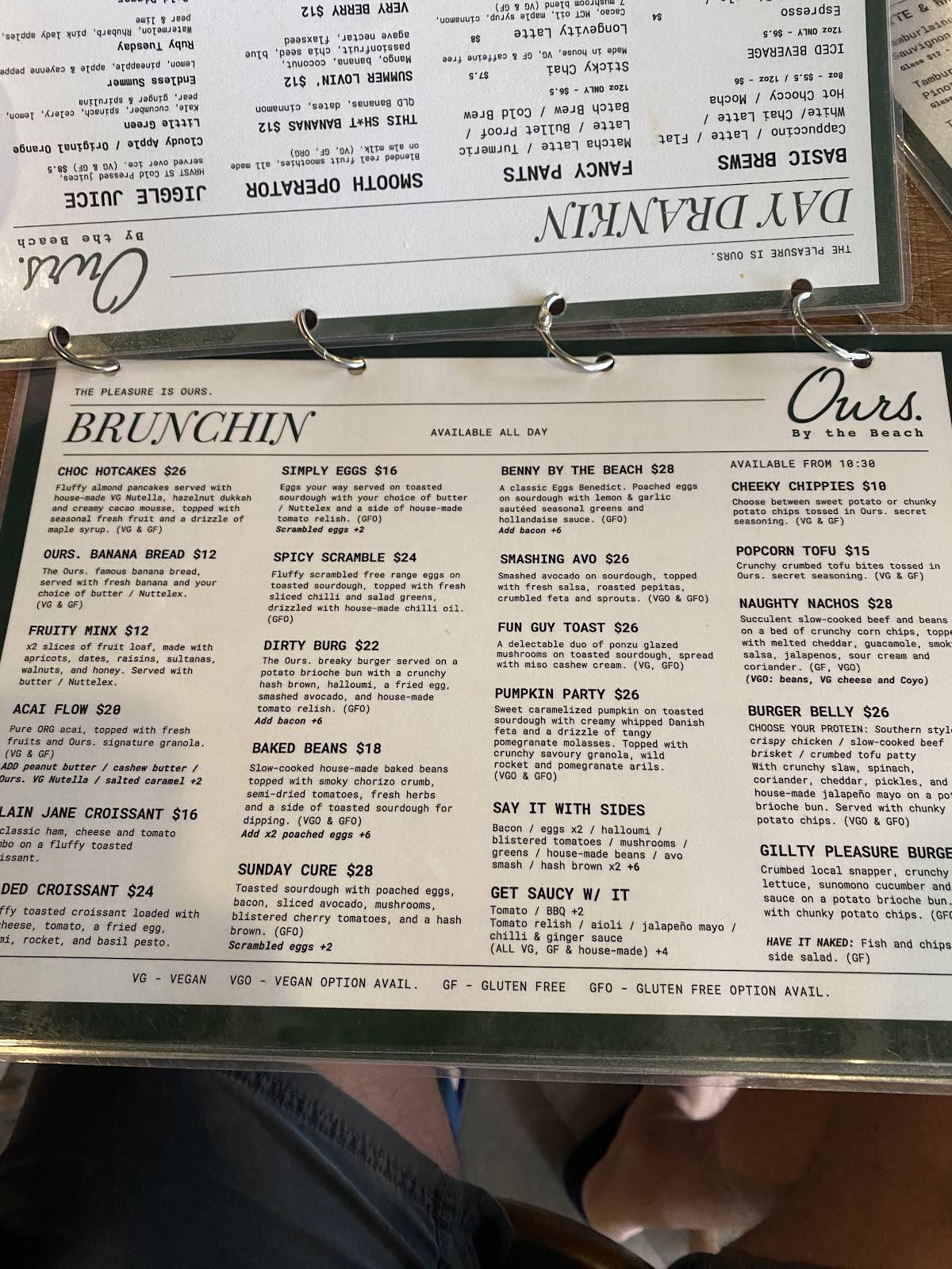 Menu at Ours. Café & Goods cafe, Moffat Beach