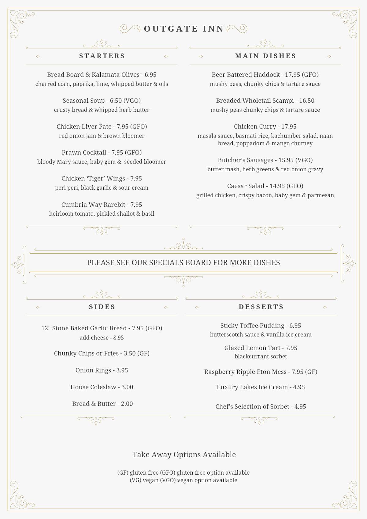 Menu at Outgate Inn pub & bar, Ambleside