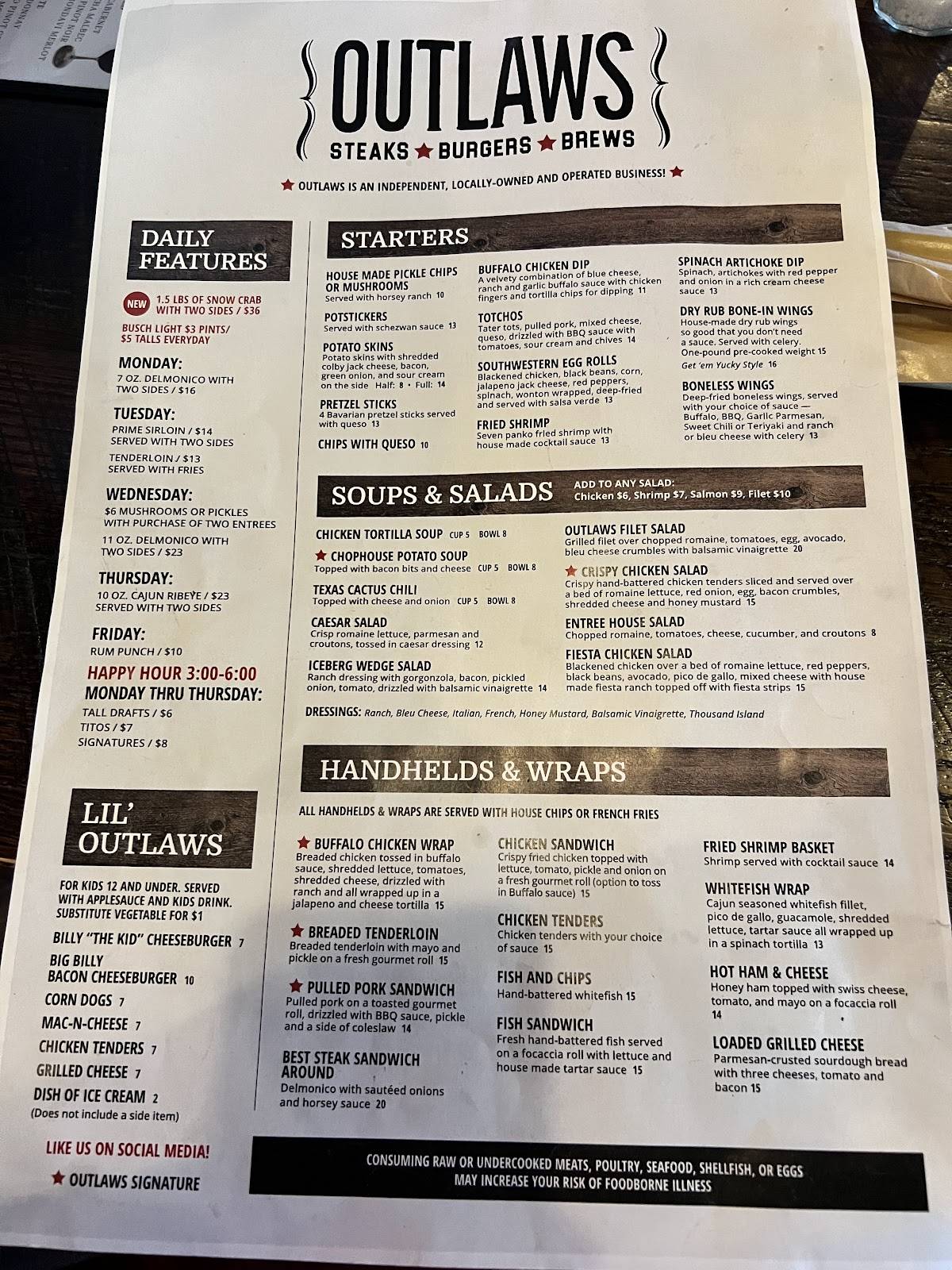 Menu at Outlaws Steaks Burgers Brews pub & bar, Noblesville