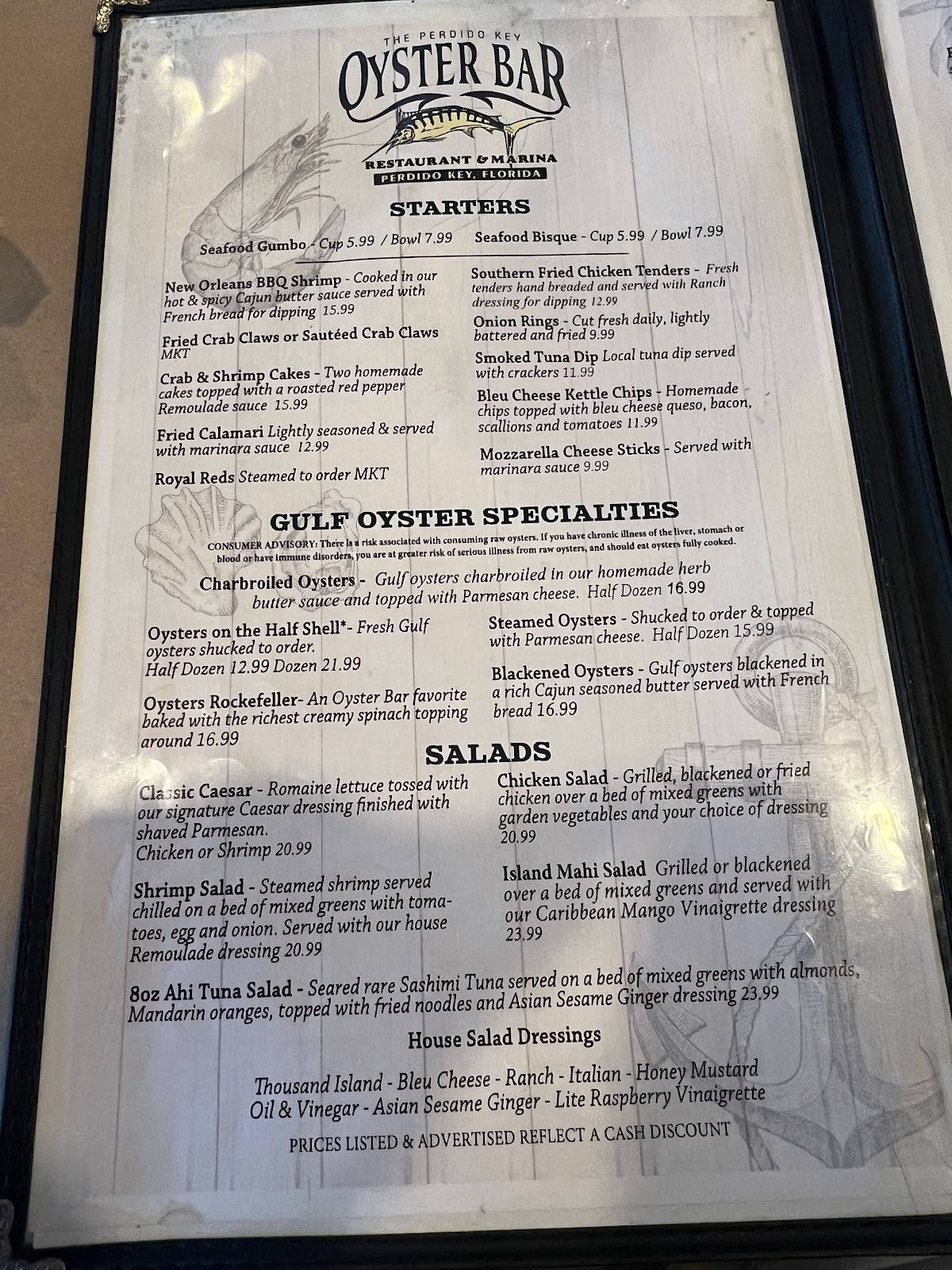 Menu at Oyster Bar Restaurant and Marina, Perdido Key