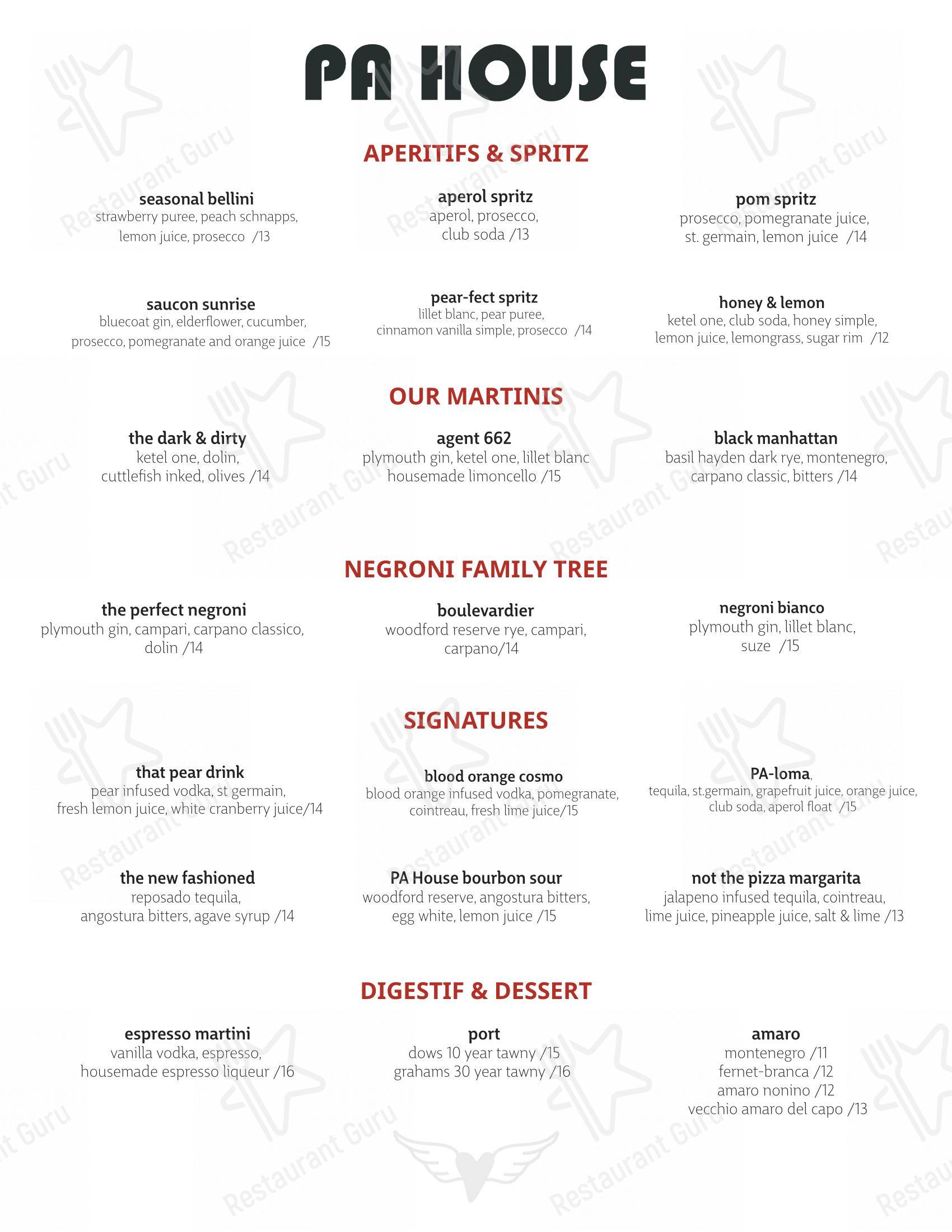 Menu at PA House desserts, Hellertown