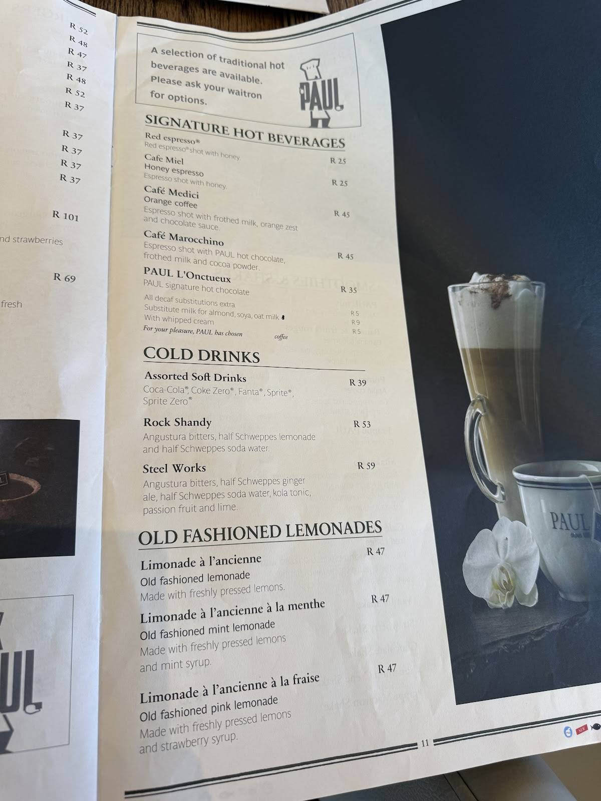 Menu at Paul, New Redruth