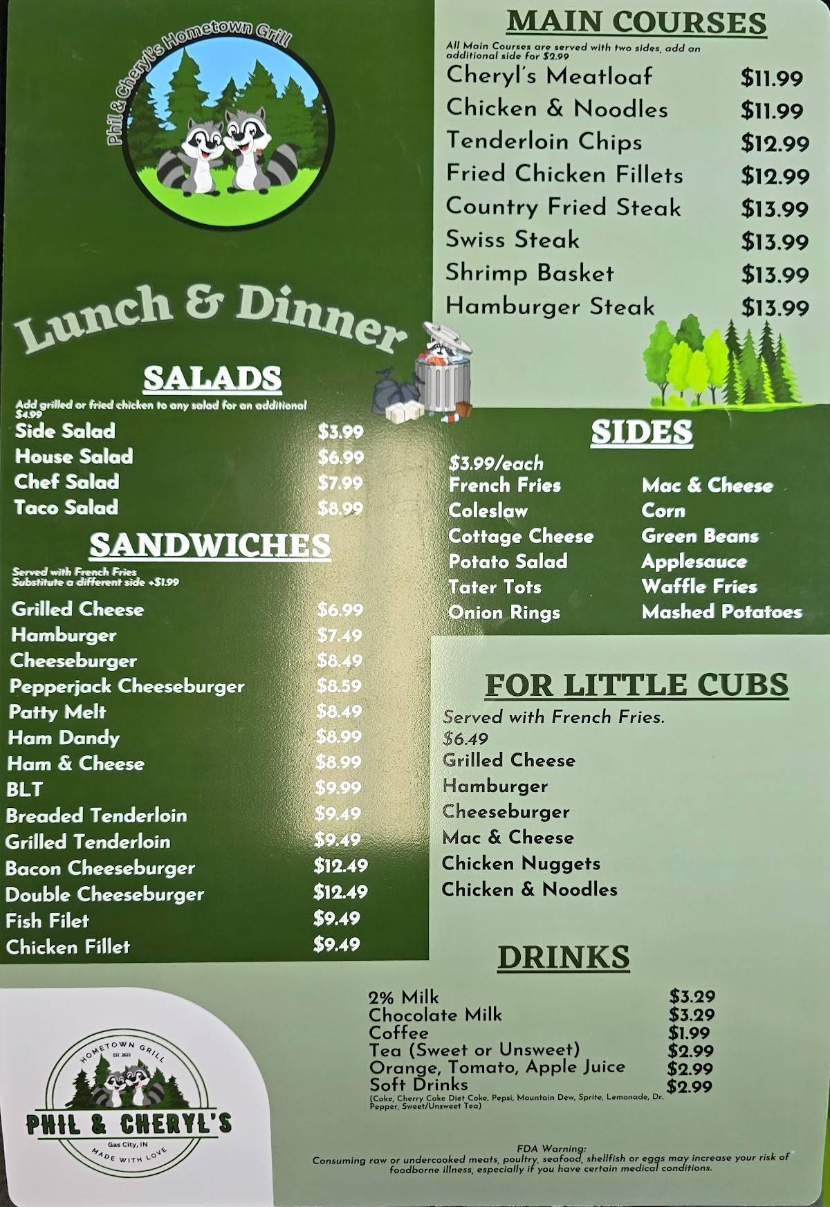 Menu at PHIL & CHERYL'S GRILL restaurant, Gas City