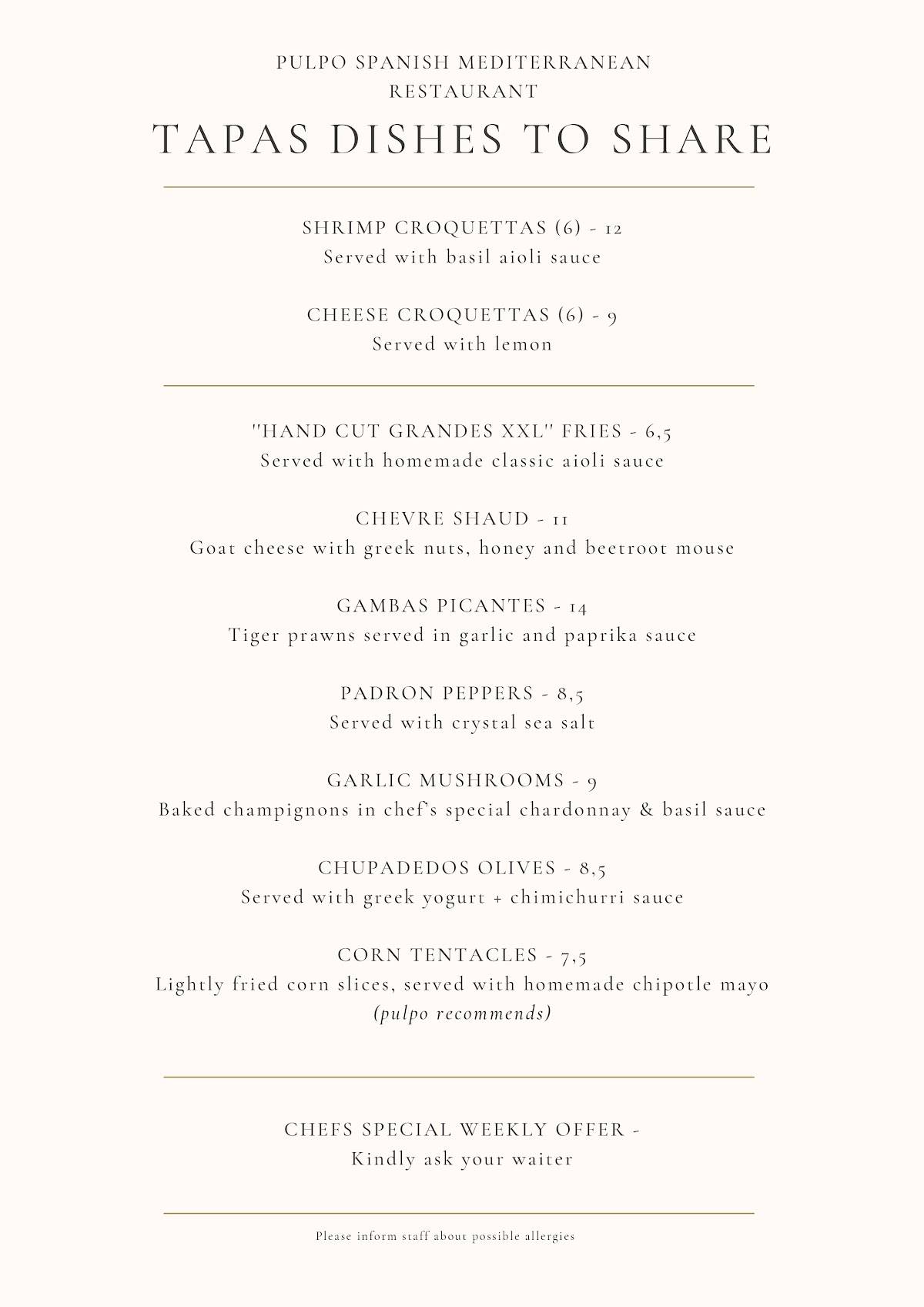 Menu at PULPO restaurant, Vilnius, Stiklių g. 16