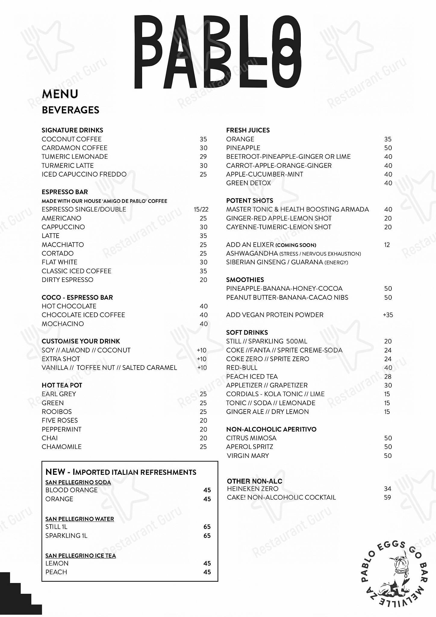 Menu at PABLO Sandton Restaurant, Sandton