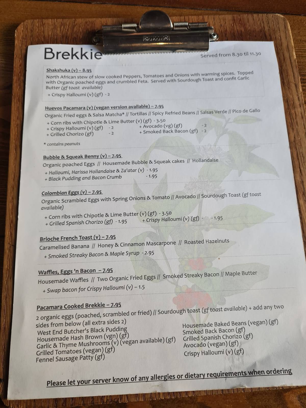 Menu at Pacamara Food & Drink cafe, Dundee