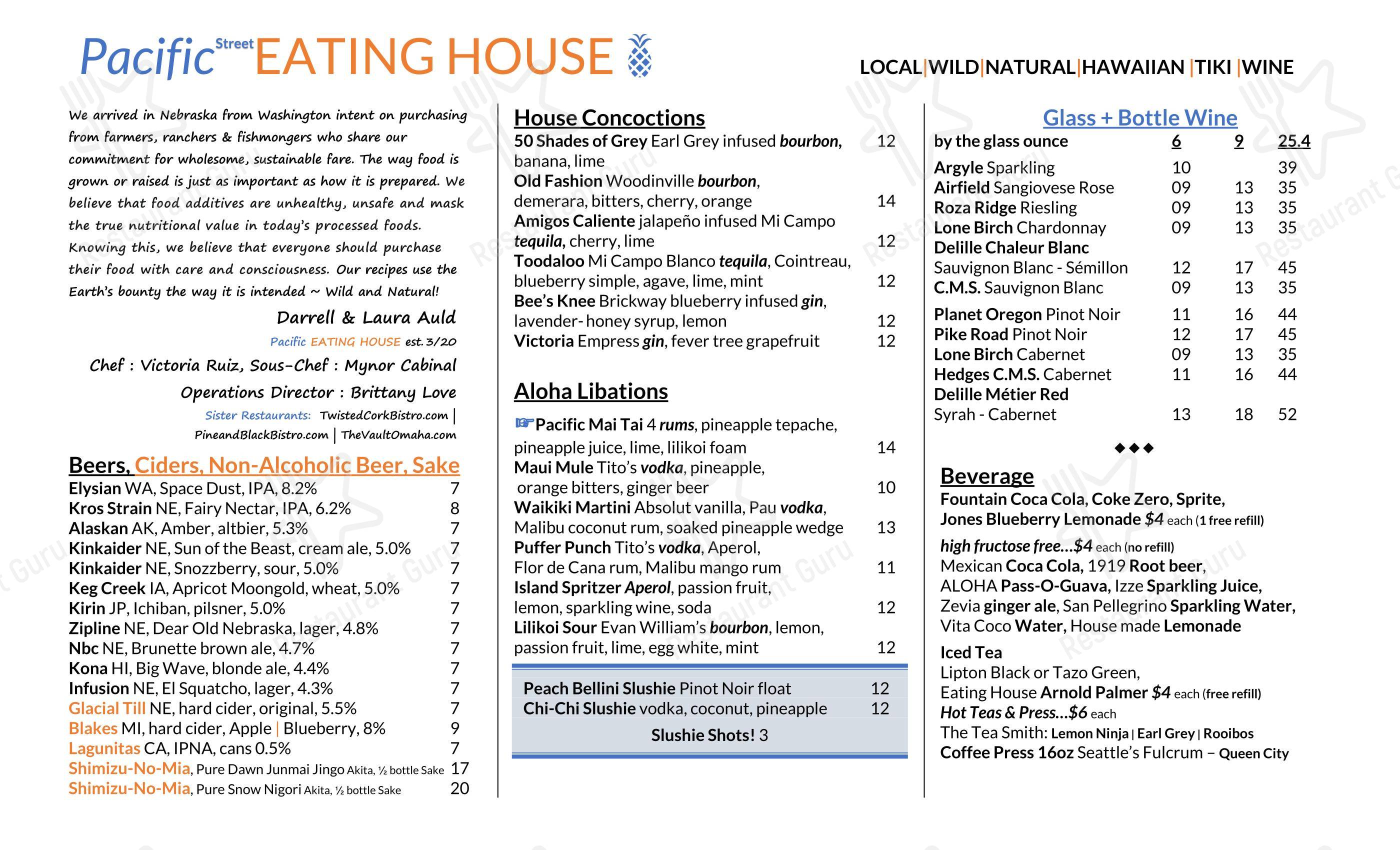 Menu at Pacific Eating House restaurant, Omaha