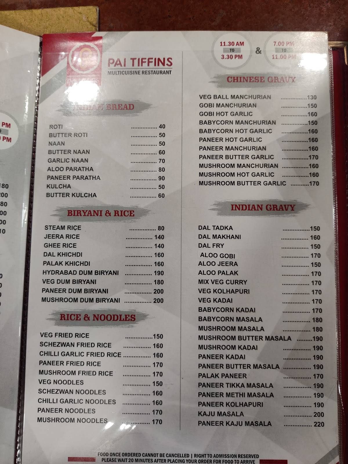 Menu at Pai Tiffins Mangalore, Mangaluru