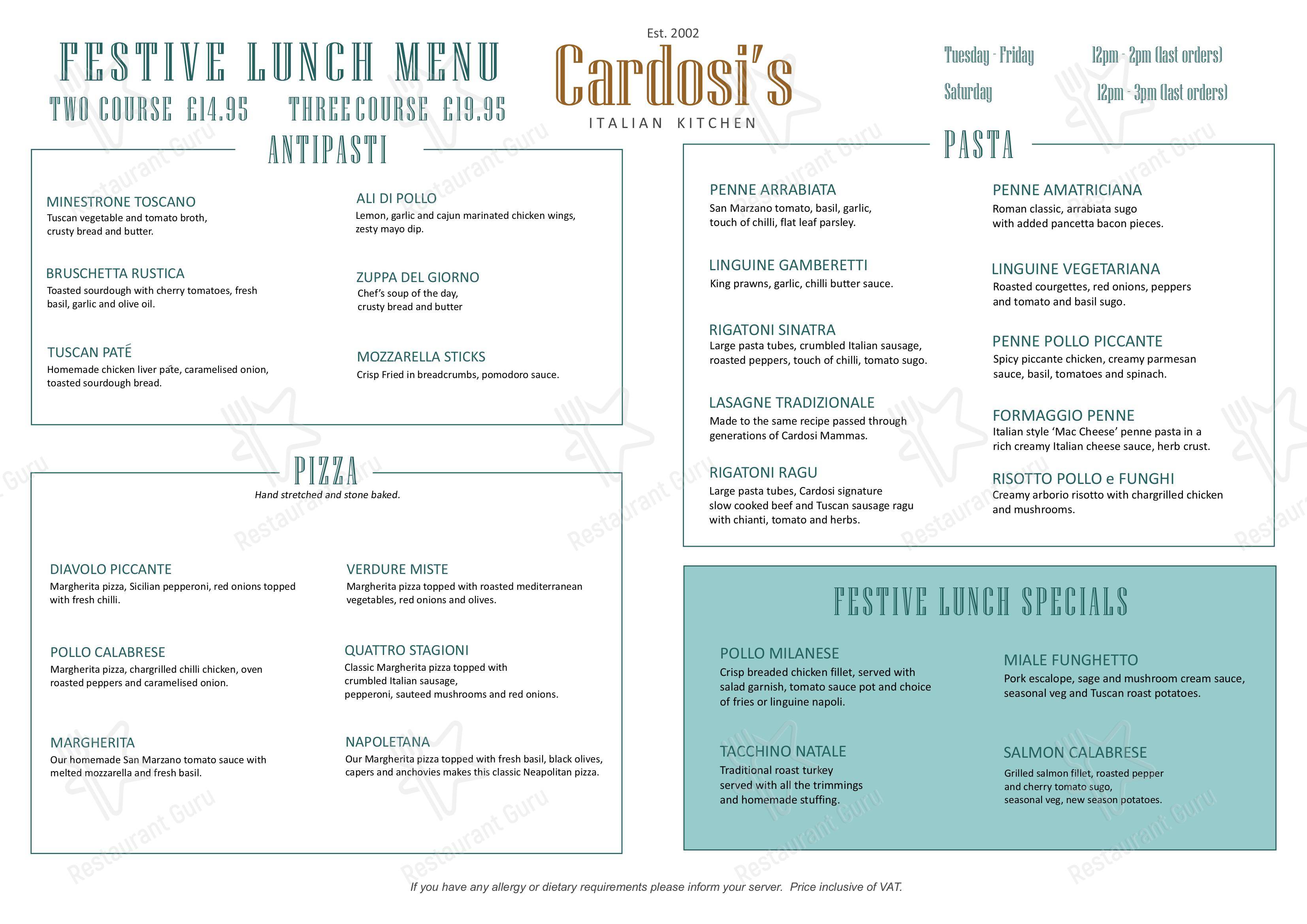 Menu at Cardosi's restaurant, Paisley, 4 Storie St