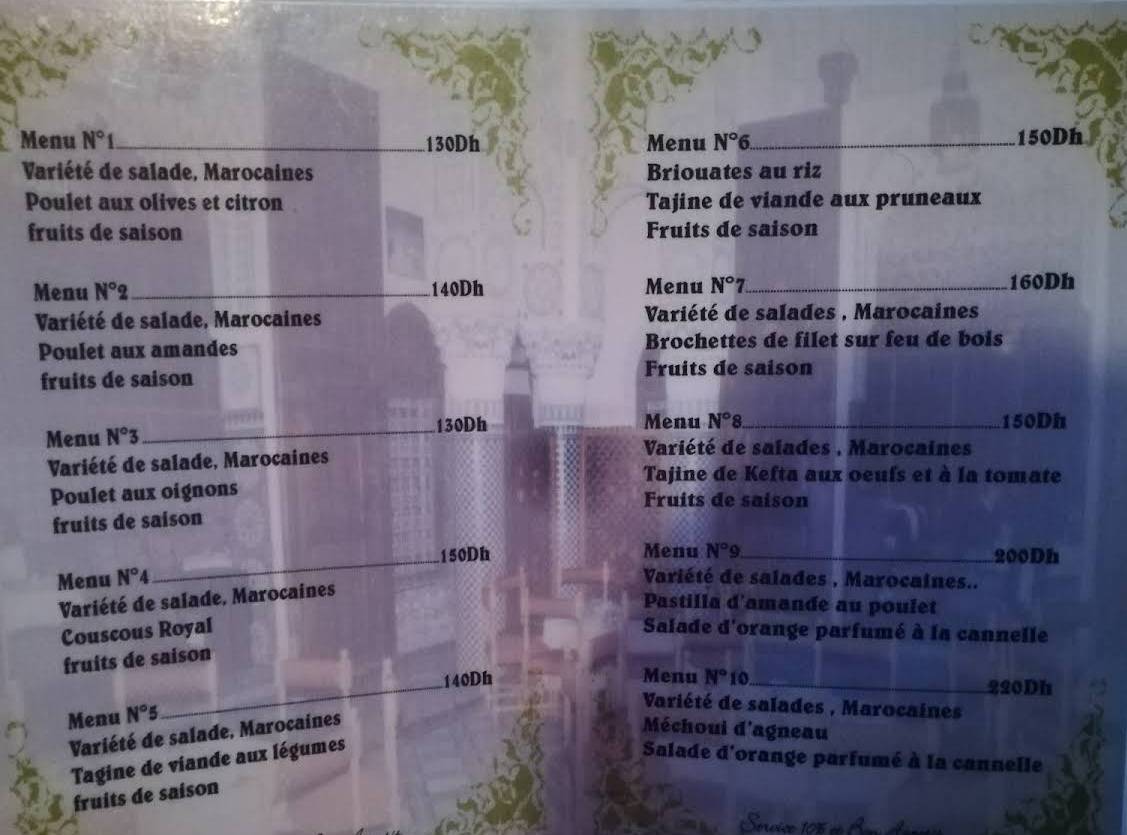 Menu at Palais La Médina restaurant, Fes