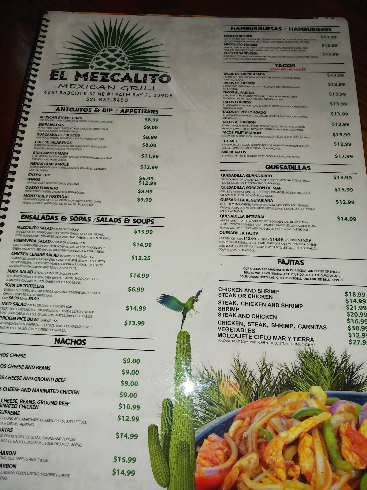 Menu at El Mezcalito Mexican Grill restaurant, Palm Bay