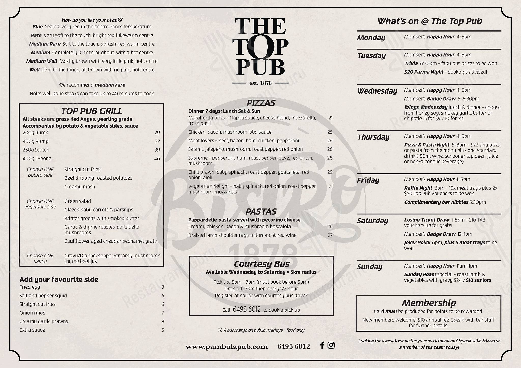 Menu at Pambula Merimbula Golf Club, Pambula