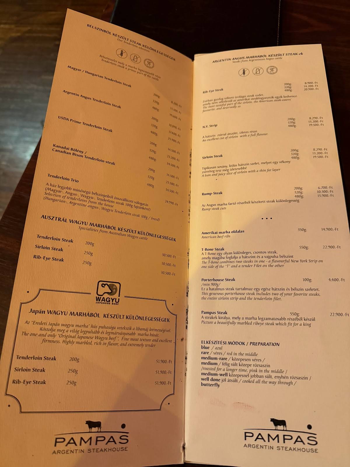 Menu at Pampas Argentin Steakhouse, Budapest