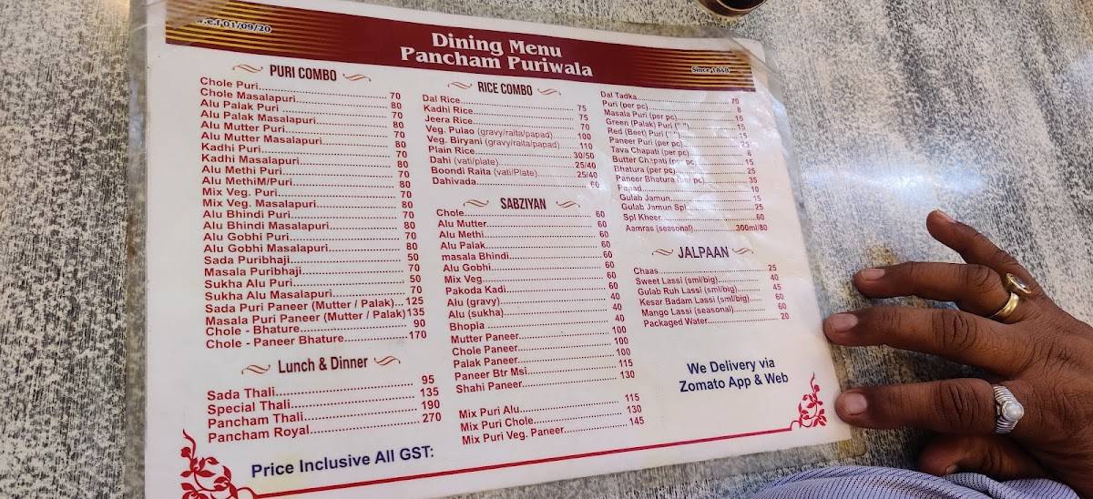Menu at Pancham Puriwala, Mumbai