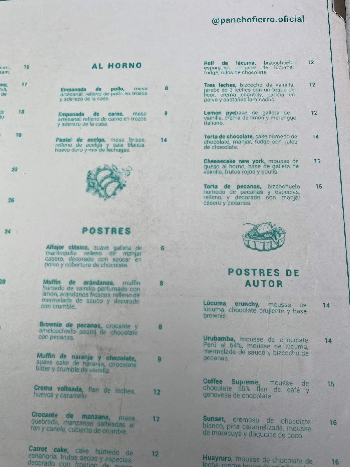 Carta de Pancho Fierro Café Bar, Lima, Jirón de la Unión 1066