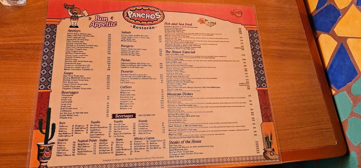Menu at Pancho's Restaurant, Mazatlán, Av. Gaviotas 408