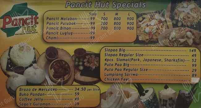 Menu at Pancit Hut, Quezon City